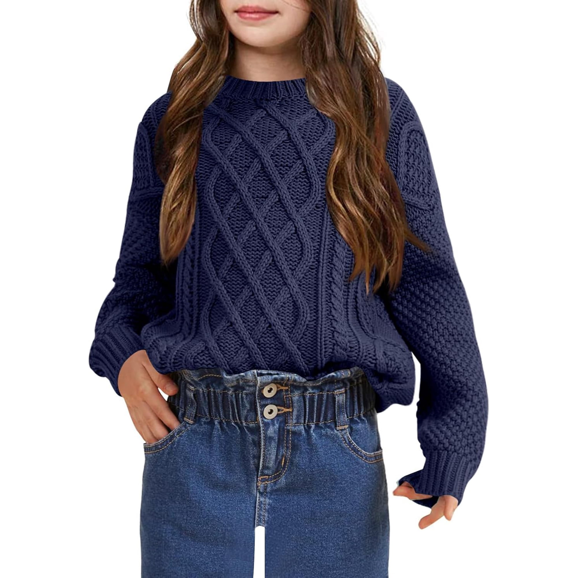 Girls Long Sleeve Cable Knit Sweater Crewneck Pullover Sweaters Kids ...