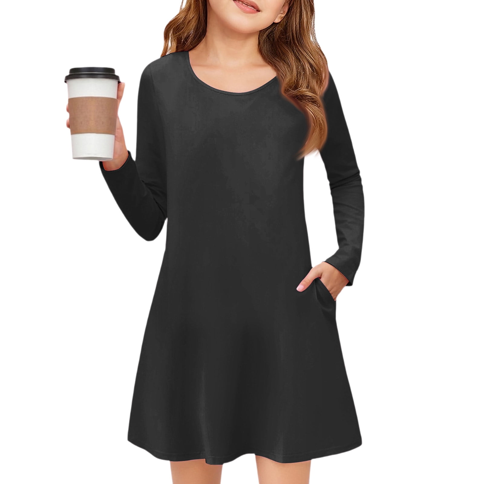 Girls Long Sleeve Dress, Solid Color A-Line Swing Dress with Pockets ...