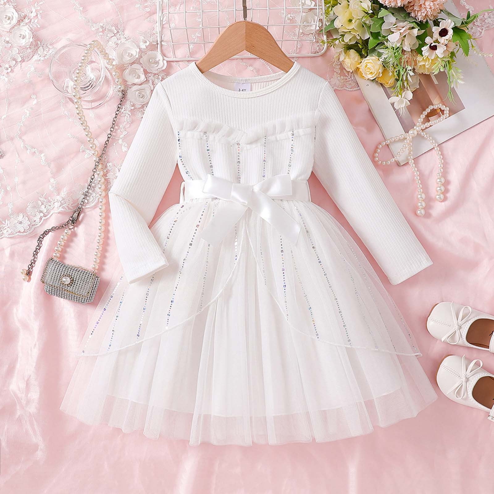 Girls Long Sleeve Floral Dress | White Party Dress for Kids Kids with ...