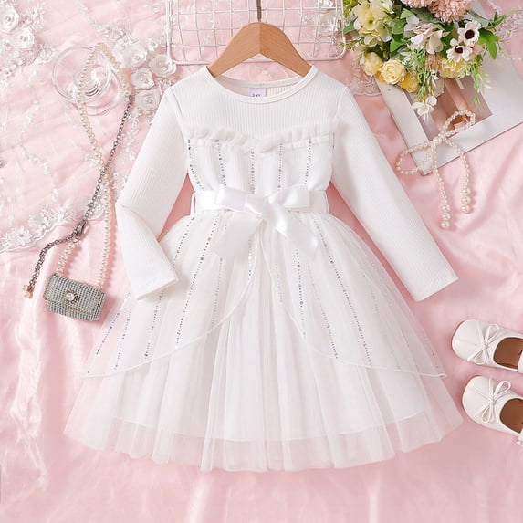 Girls Long Sleeve Floral Dress | White Party Dress for Kids Kids with ...
