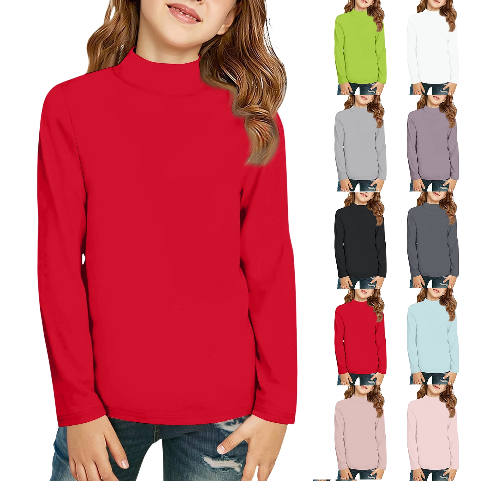 Girls Long Sleeve Mock Neck Pullover Tops Kids Fall Winter Basic Tops ...