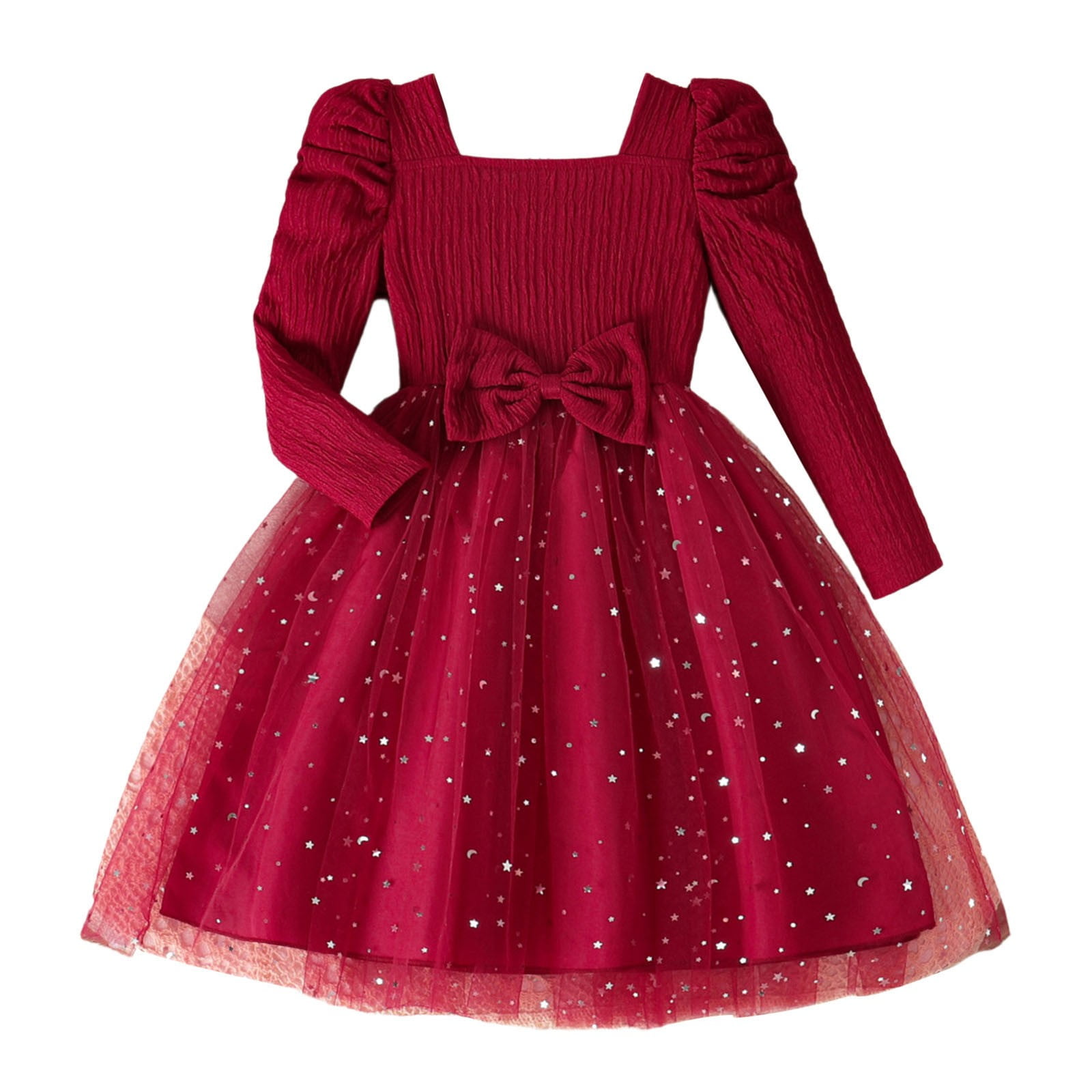 Girls Long Sleeve Party Dress with Star Embroidery Skirt Elegant Square ...
