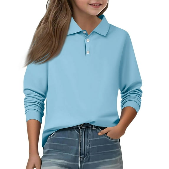 Girls Long Sleeve Polo Shirt Classic Solid Color Soft Top School ...