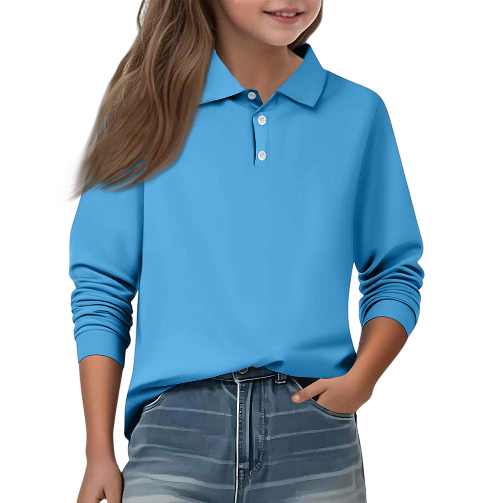 Girls Long Sleeve Polo Shirts Kids Peter Pan Collar School Uniform ...