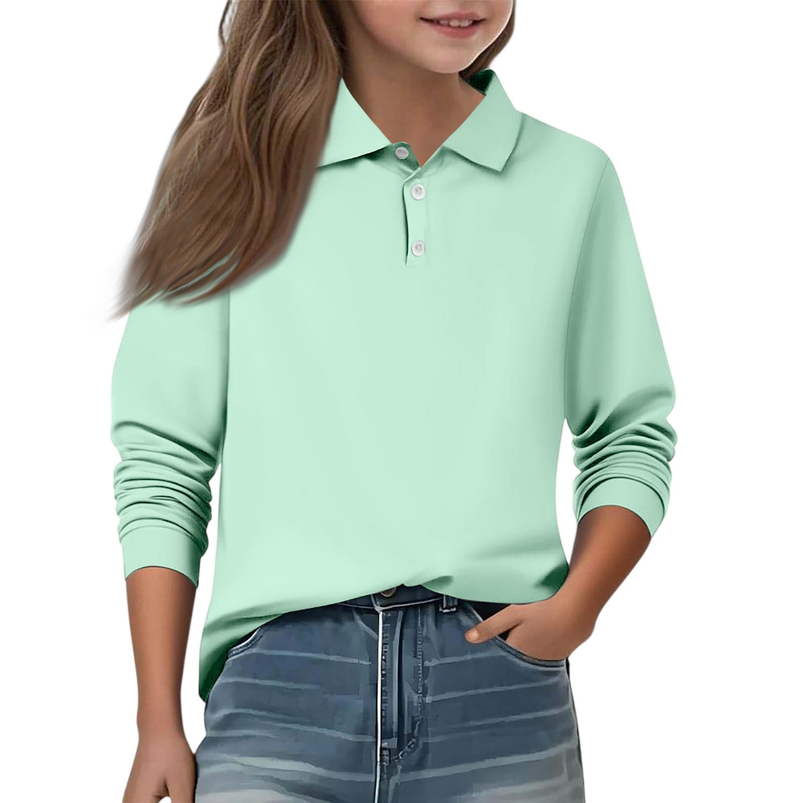 Girls Long Sleeve Polo Shirts Kids Peter Pan Collar School Uniform Shirts Cute Tops 5-14Y Light ...