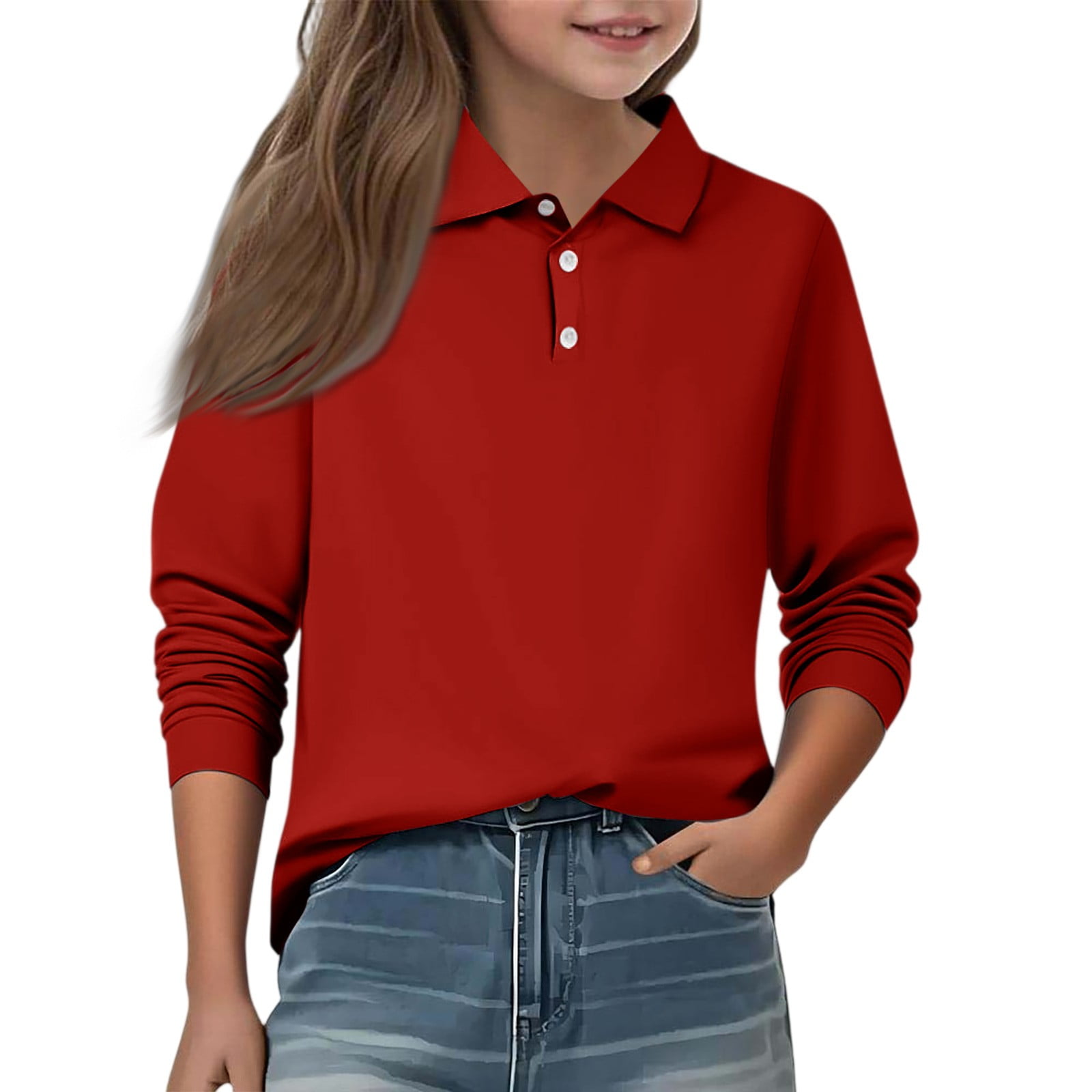 Girls Long Sleeve Polo Shirts Kids Peter Pan Collar School Uniform Shirts Cute Tops 5-14Y Red ...