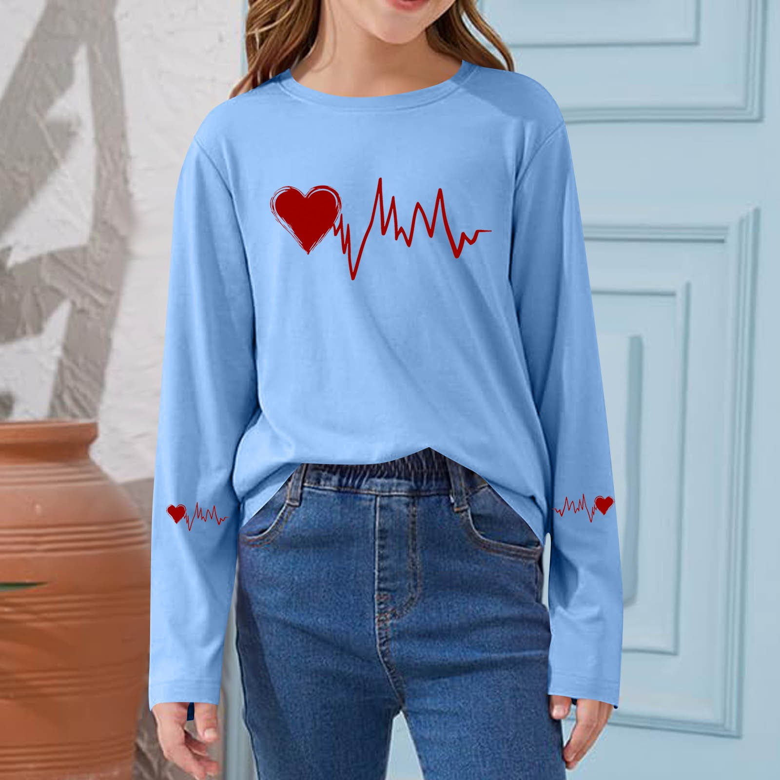 Girls Long Sleeve Shirt | Heartbeat Graphic Crewneck Tee | Soft ...
