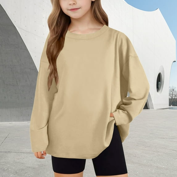Girls Long Sleeve Shirt Kids Round Neck Top Soft Cotton Casual Beige ...