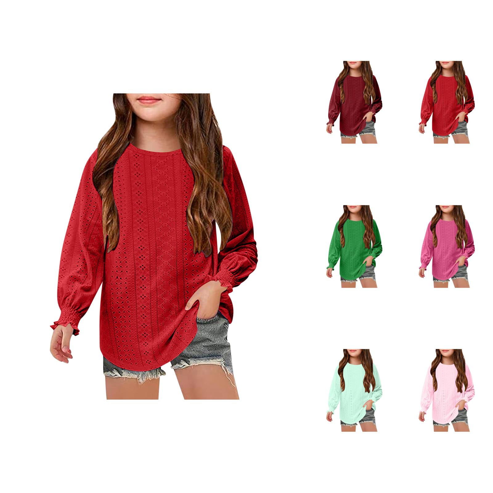 Girls Long Sleeve Shirts 2025 Spring Fall Casual Crew Neck Eyelet Cute ...