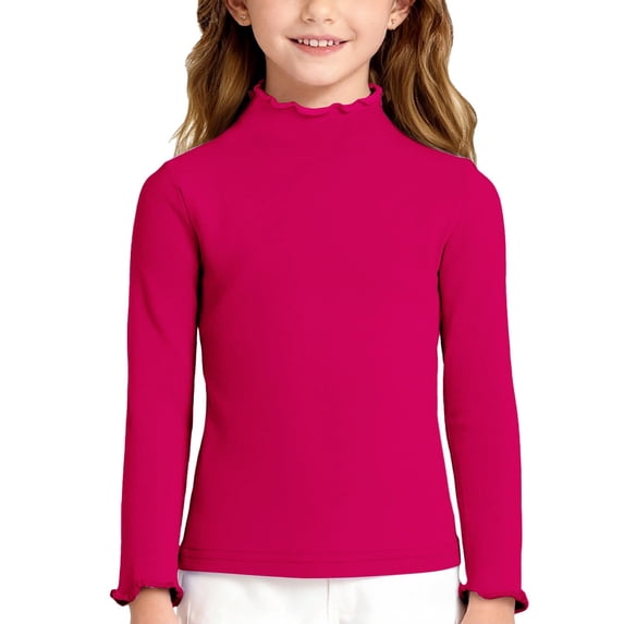 Girls Long Sleeve Shirts Casual Mock Neck Lettuce Trim Slim Fit Solid ...