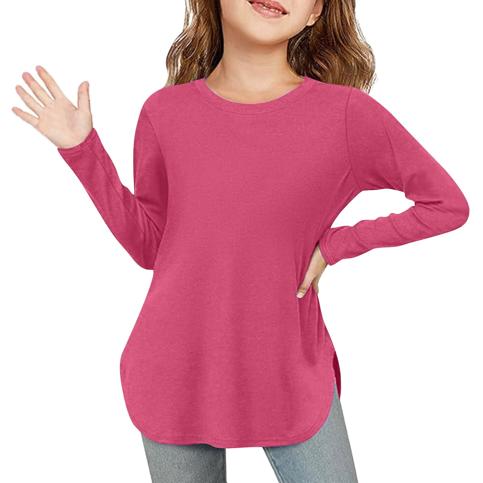 Girls Long Sleeve Shirts Crewneck Soft Tunic Tops Kids Curve Hem Side ...