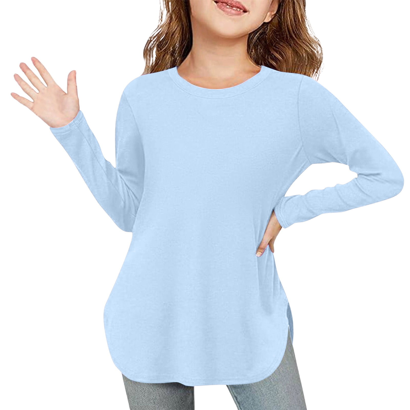 Girls Long Sleeve Shirts Kids Crewneck Curved Hem Tunic Tops Solid ...
