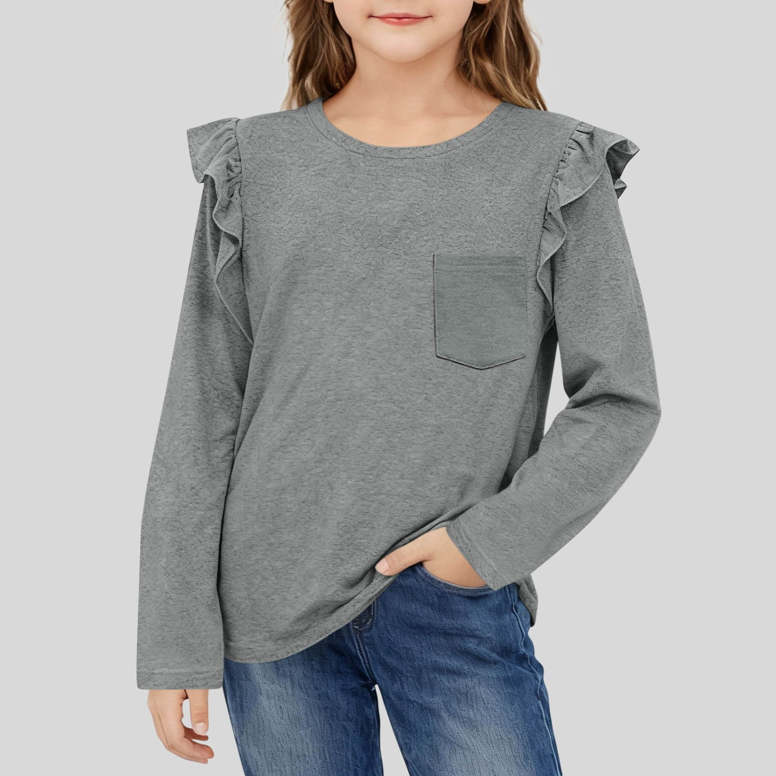 Lutiedan Girls Long Sleeve Shirts Kids Crewneck Lace Ruffle Sleeve Tee ...