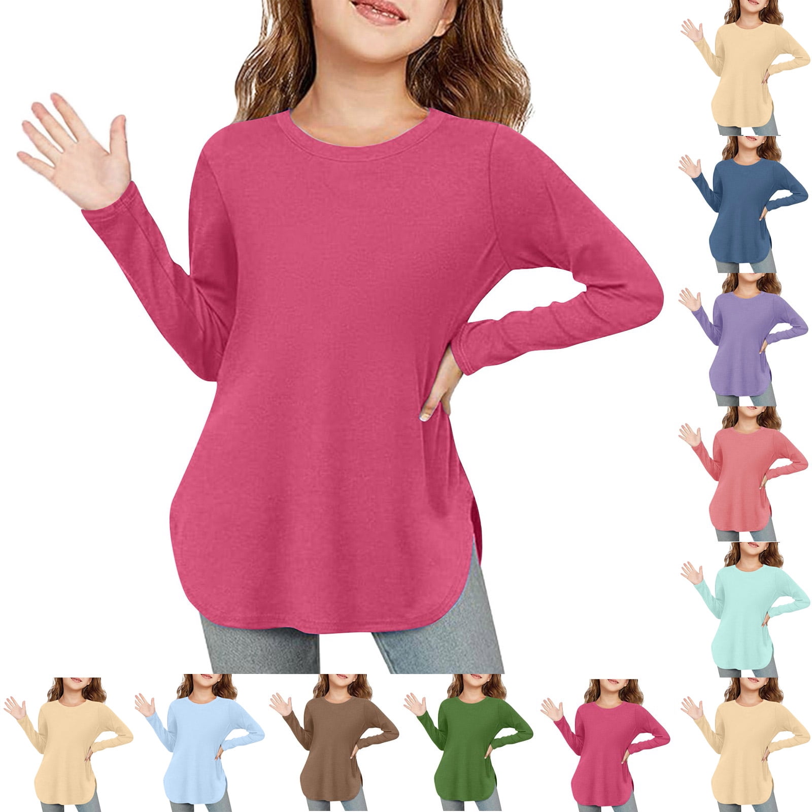 Girls Long Sleeve Shirts Kids Crewneck Soft Tunic Tops Curve Hem Side ...