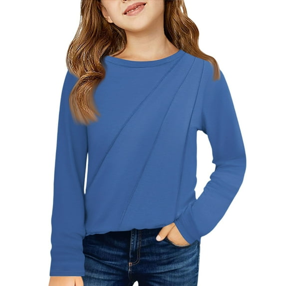Girls Long Sleeve Shirts Kids Pleated Crewneck Solid Color Tunic Tops ...