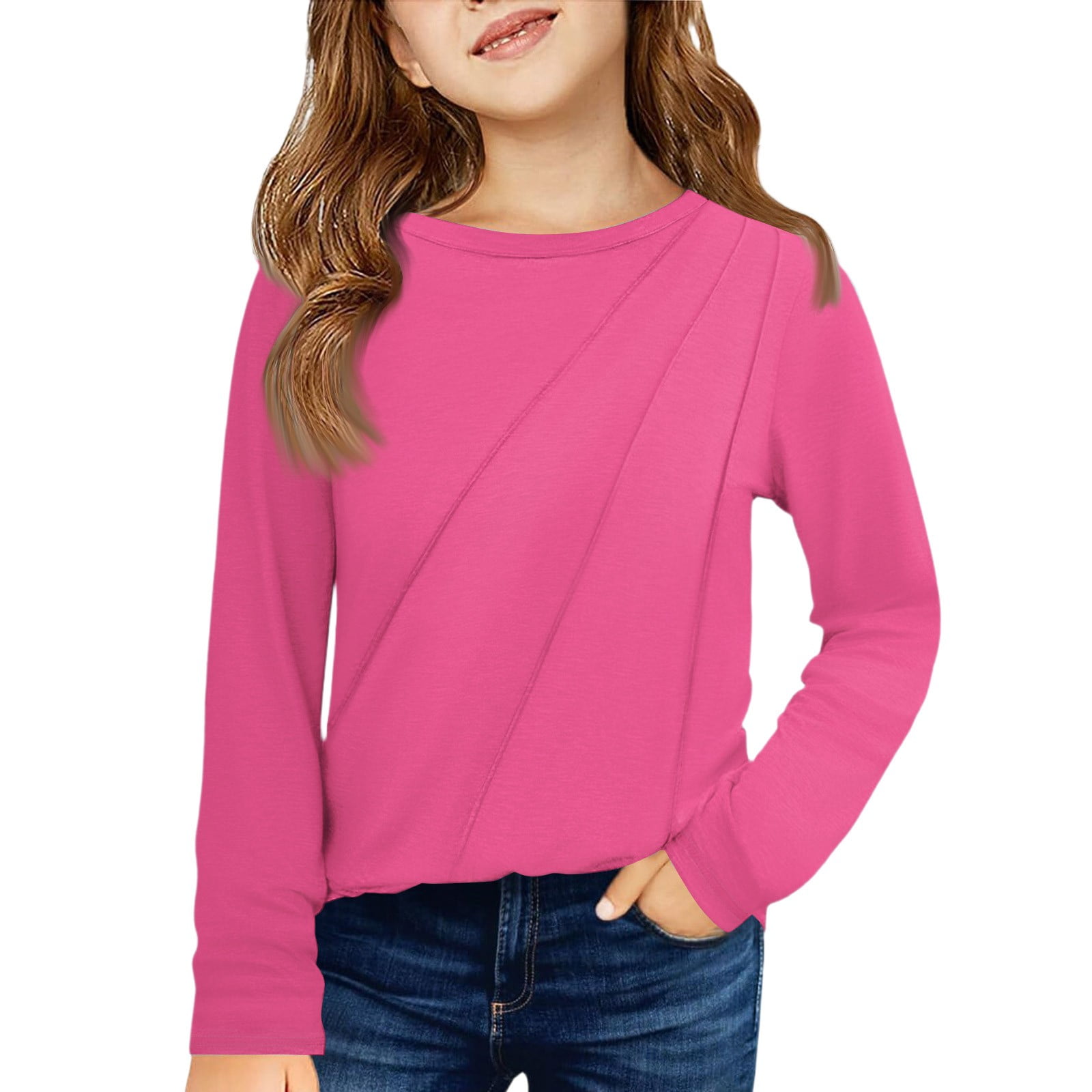 Girls Long Sleeve Shirts Kids Pleated Crewneck Solid Color Tunic Tops ...