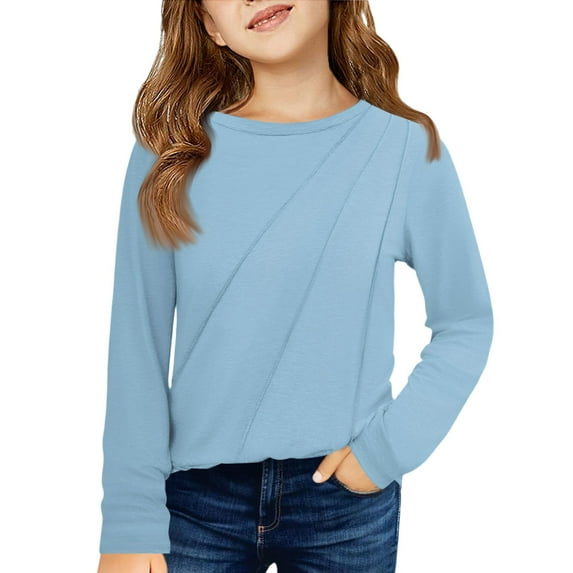 Girls Long Sleeve Shirts Kids Pleated Crewneck Tunic Tops Plain Basic ...