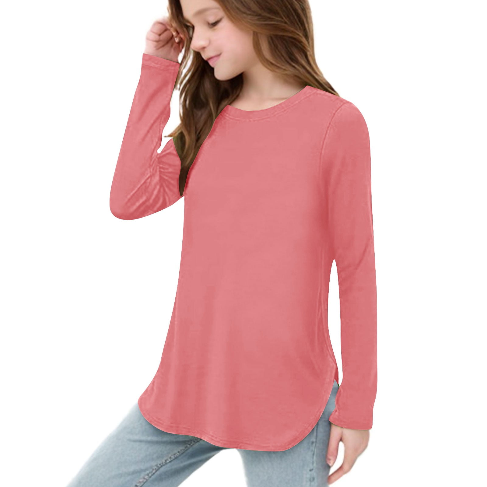 Girls Long Sleeve Shirts Kids Round Hem Side Slit Soft Tops T Shirt ...