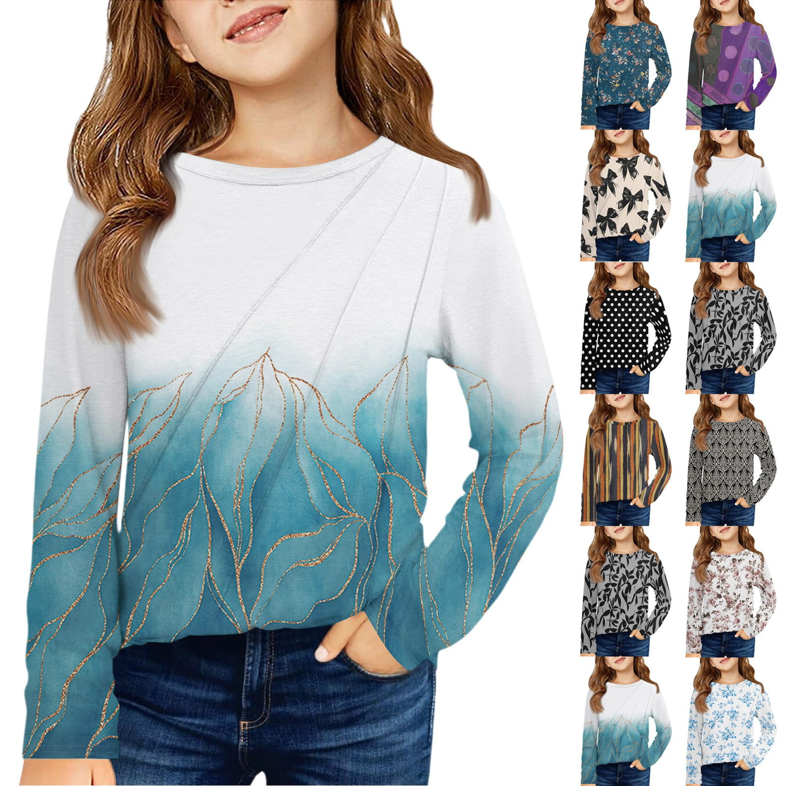 Girls Long Sleeve Shirts Pleated Crewneck Spring Fashion Tops Casual ...