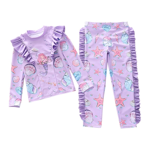 Girls Long Sleeve Swimsuits 2-Piece Rash Guard Ruffled Tops and Pants ...