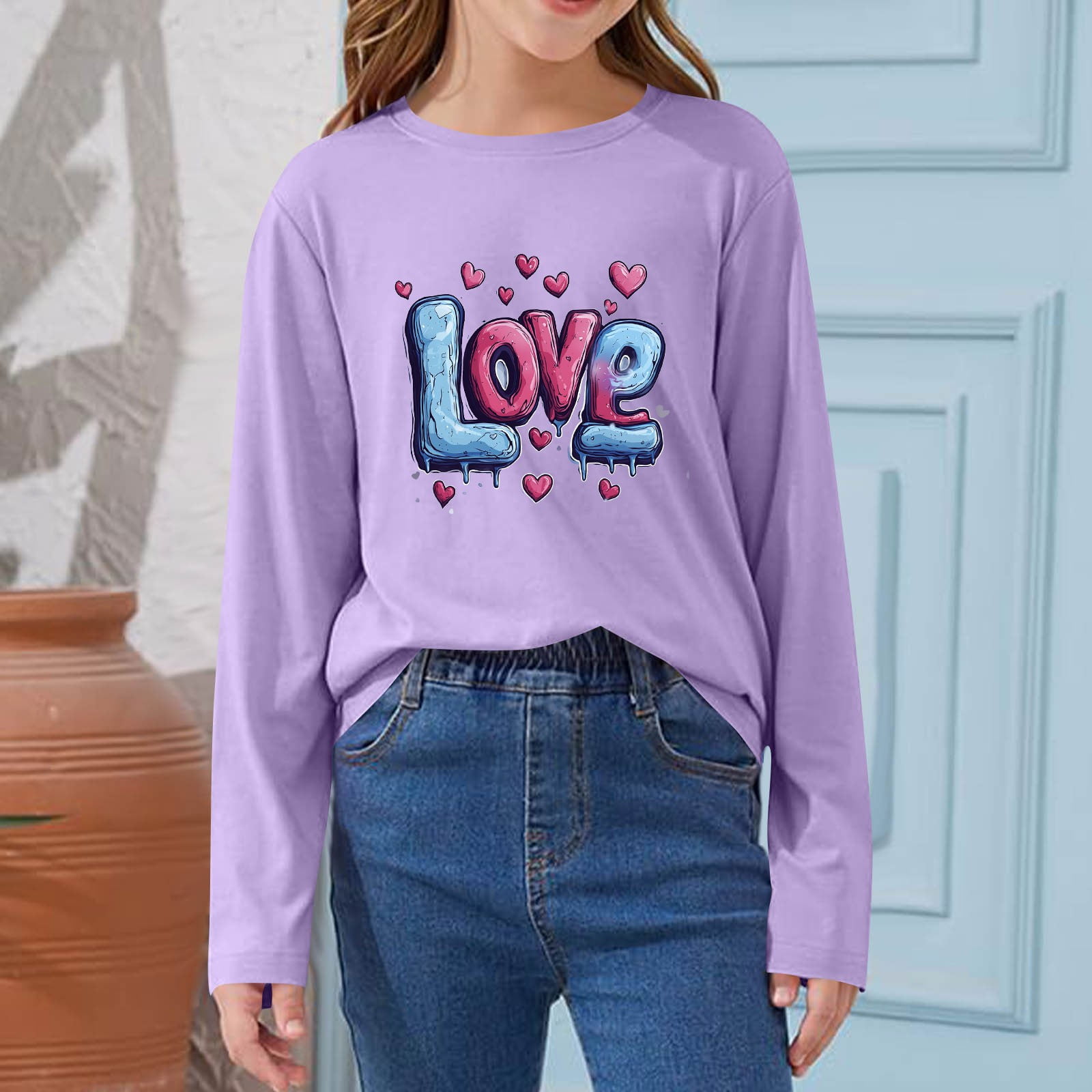 Girls Long Sleeve T-Shirt, Kids Love Heart Graphic Top Soft Stretch ...
