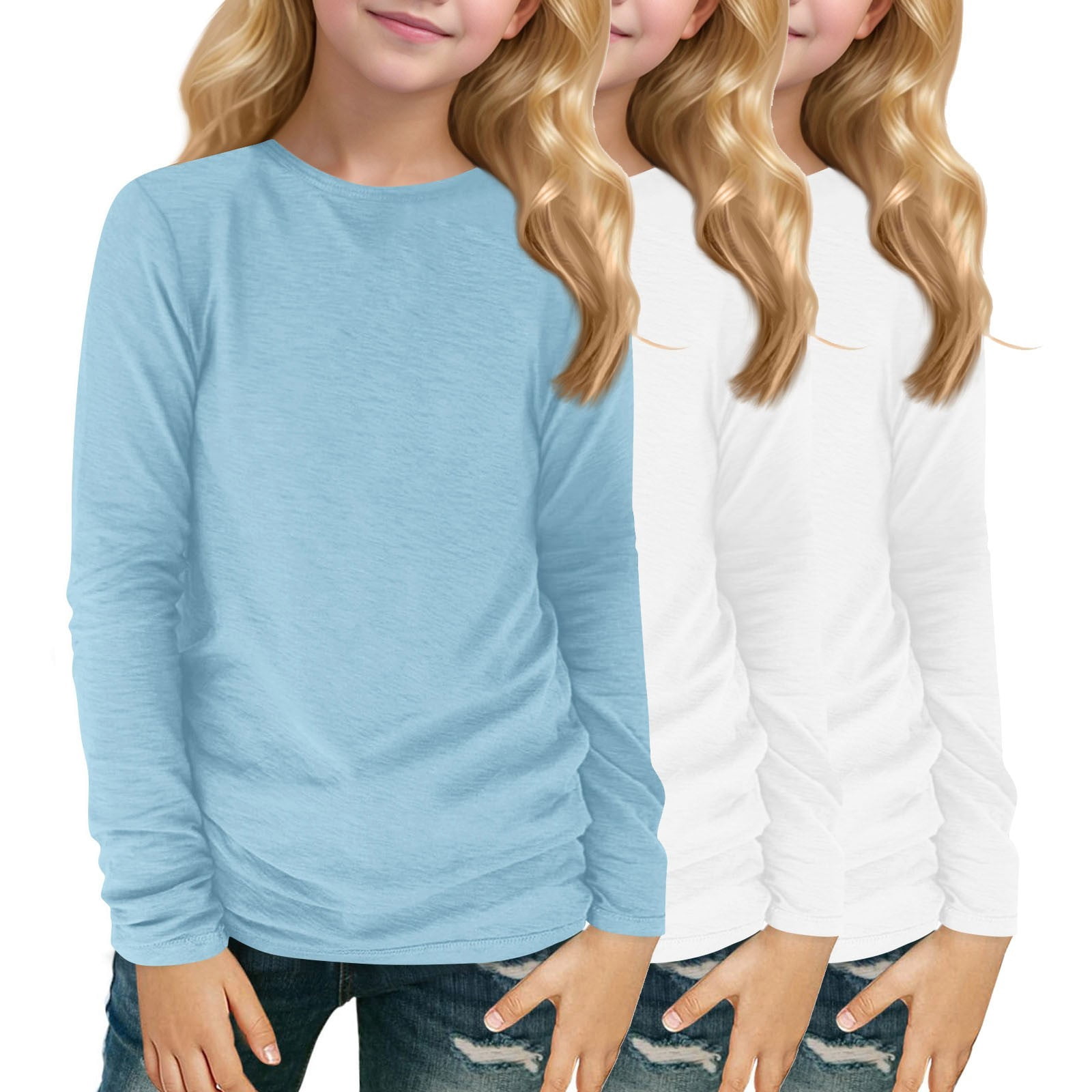 Girls Long Sleeve T-Shirts 3-Pack, Cotton Blend Solid Color Crewneck ...