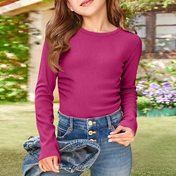 Girls Long Sleeve T Shirts Kids Fall Tops Crewneck Basic Tees Hot Pink ...
