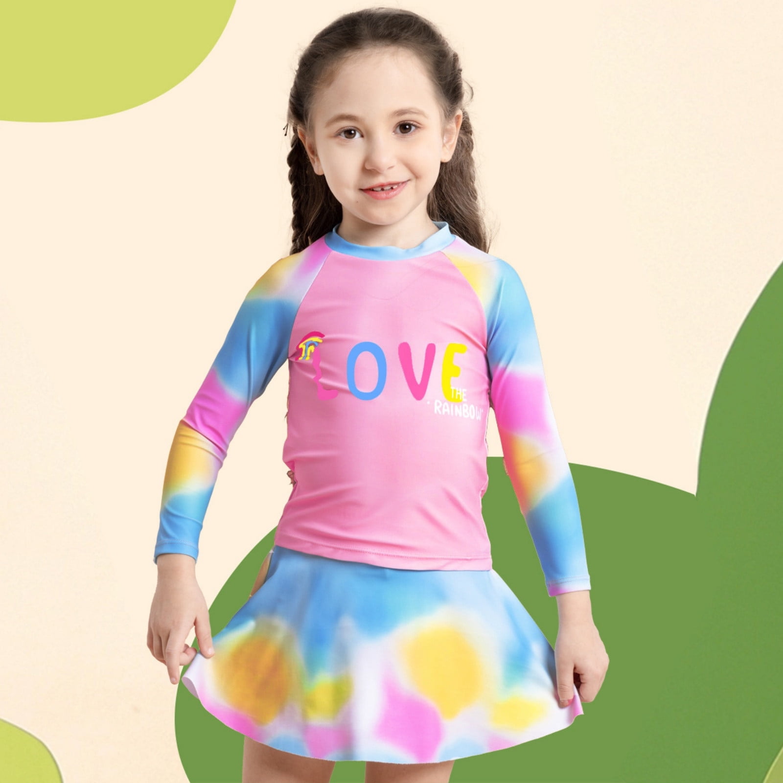 Girls' Long Sleeved Swimsuit Gradient Letter Print Two Piece With Skirt ...