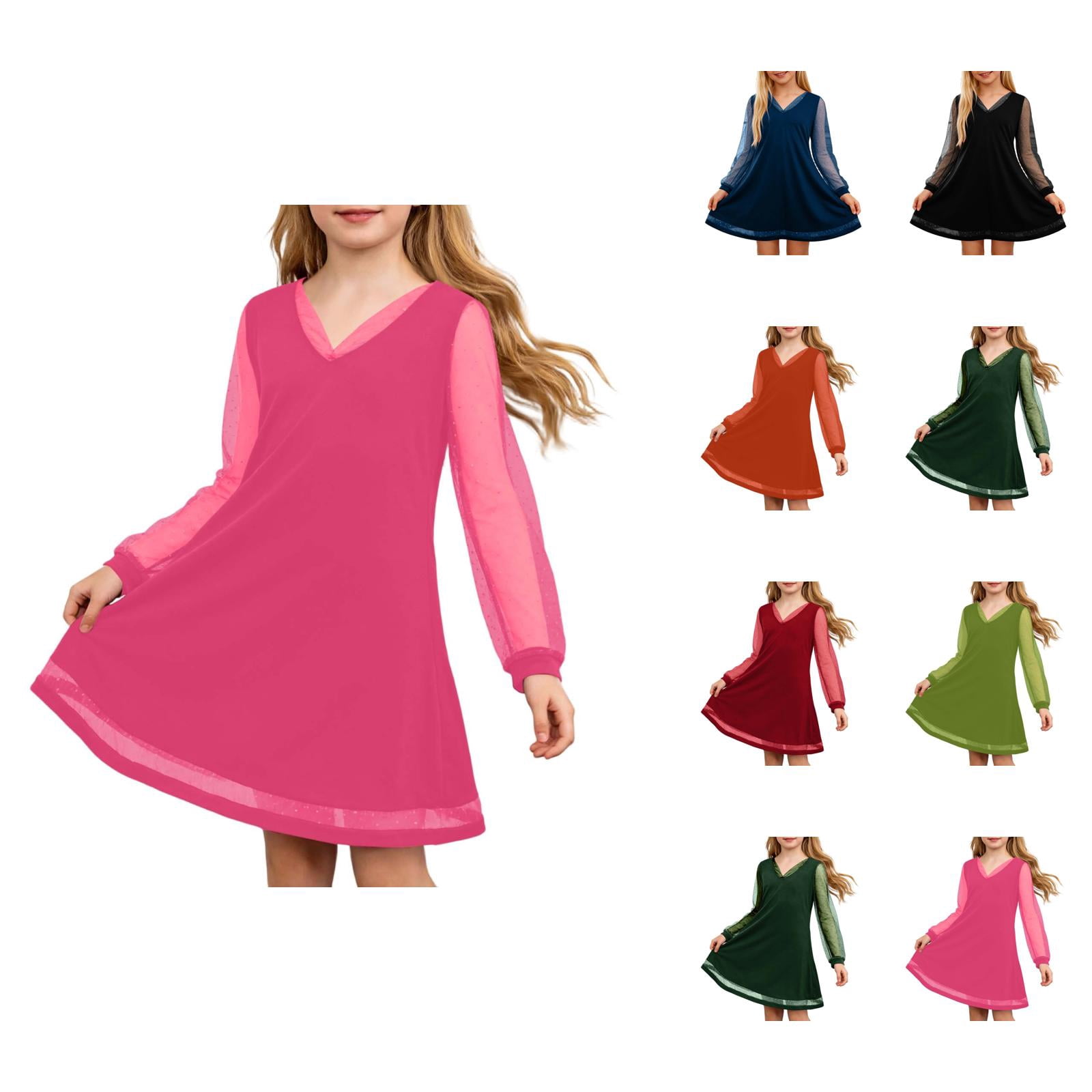 Girls' Long Sleeved V Neck Dress, Contrast Mesh Puff Sleeve High Waist ...