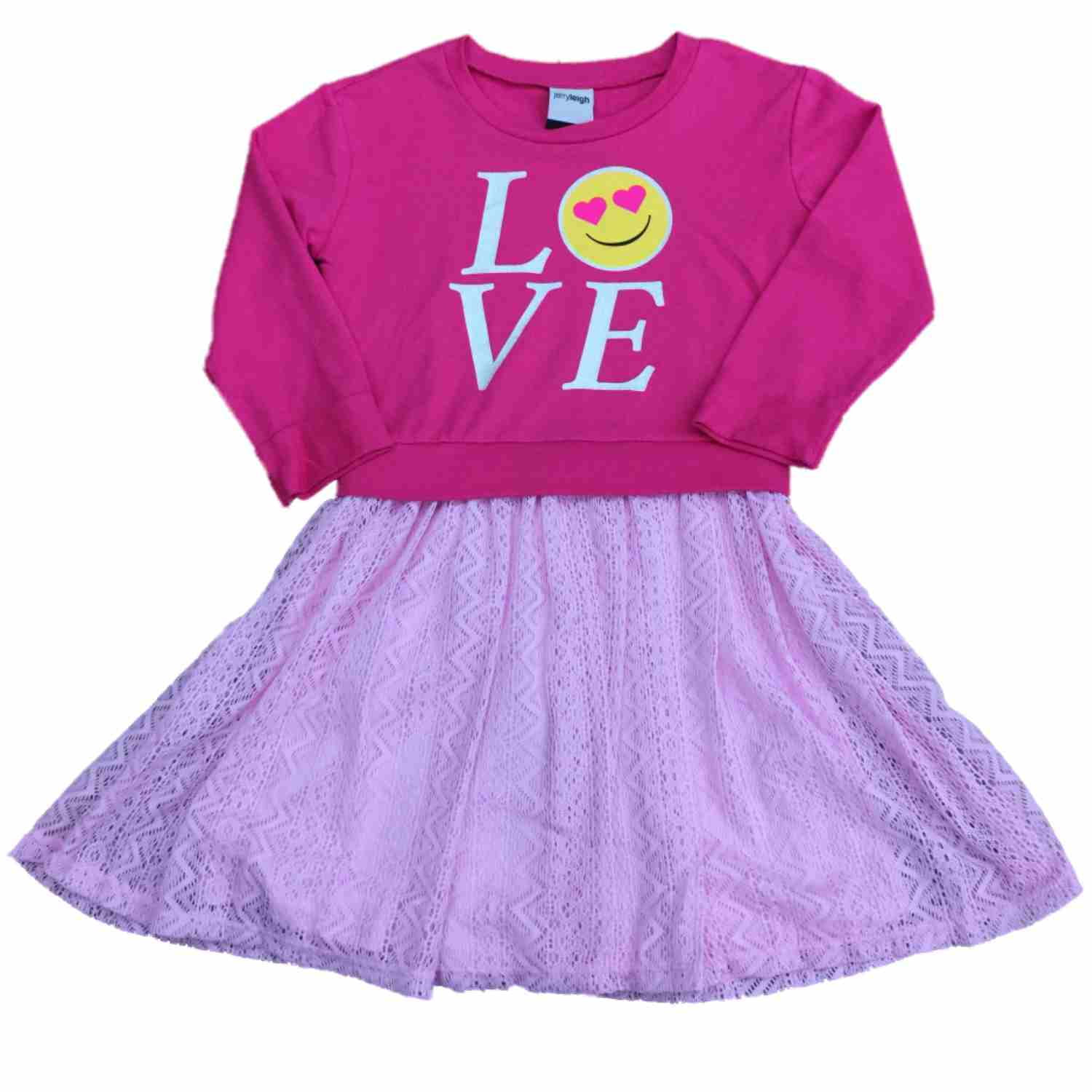 Girls Love Glittery Emoji Hot Pink Eyelet Dress Sweater Smile Face Top ...