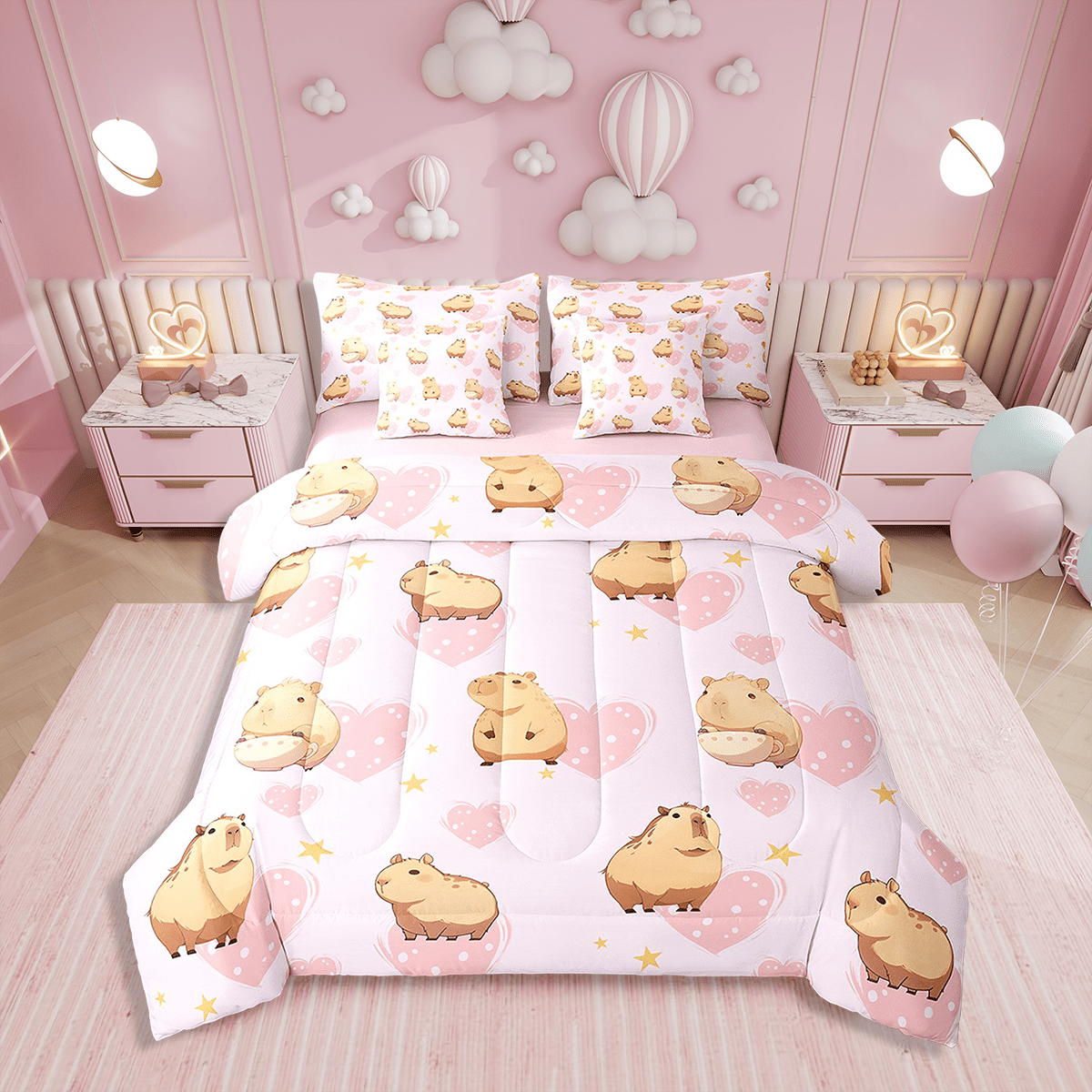 Girls Love Heart Bedding Set Queen Size 7 Piece Bed in A Bag Capybara ...