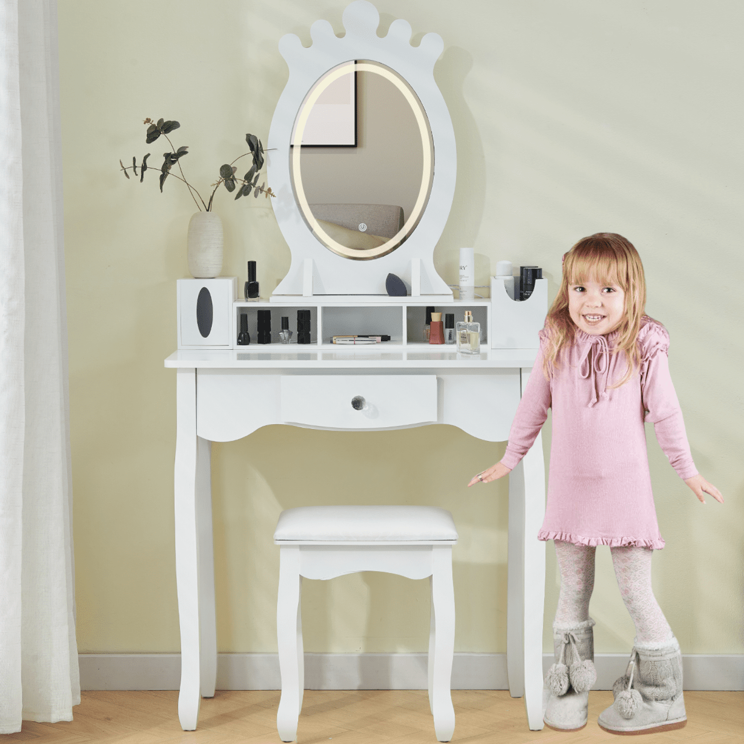 Girls Makeup Vanity Desk with Mirror and Lights,Power Strip,Kids Makeup ...
