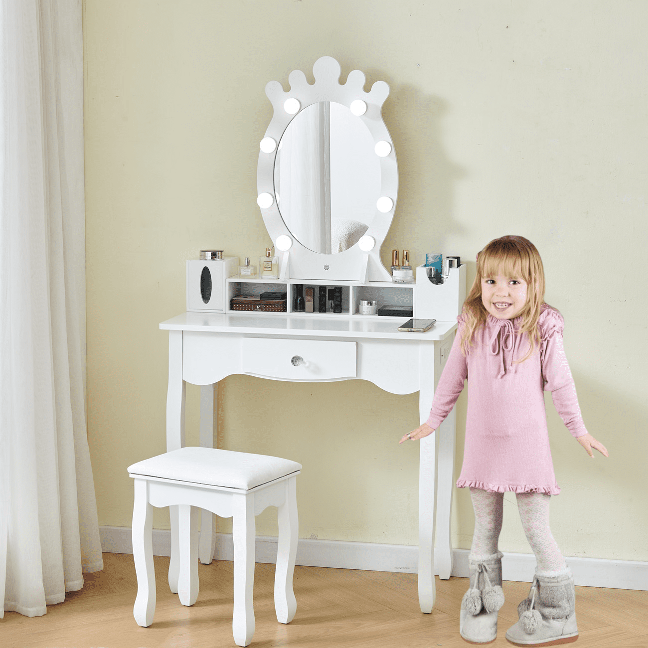Girls Makeup Vanity Desk with Mirror and Lights, Power Strip, Kids ...