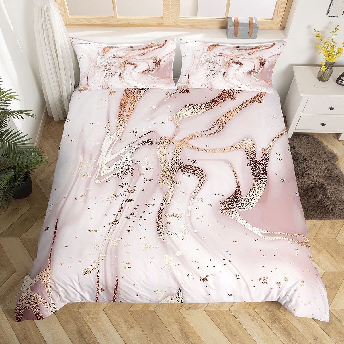 Girls Marble Bedding Set Women Pastel Pink Gold Marble Pattern Duvet ...