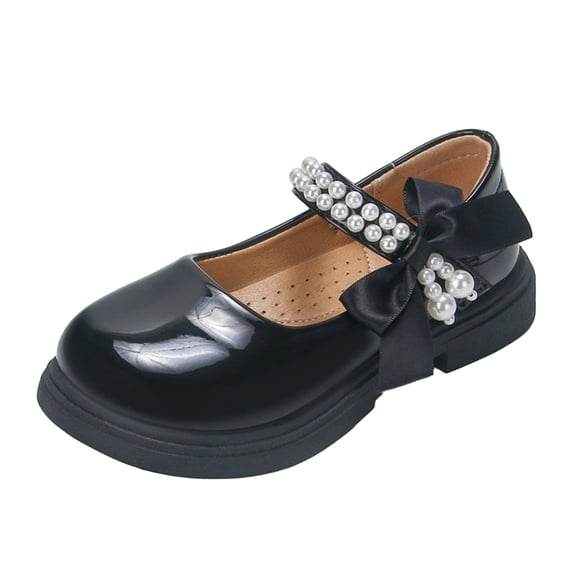Girls Mary Jane Flat Dress Shoes Pearl Bow Adjustable Strap PU Upper ...