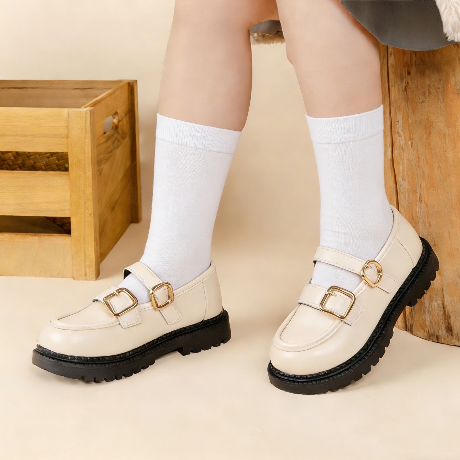 Girls' Mary Jane School Shoes with Double Buckle, Chunky Sole & Easy ...