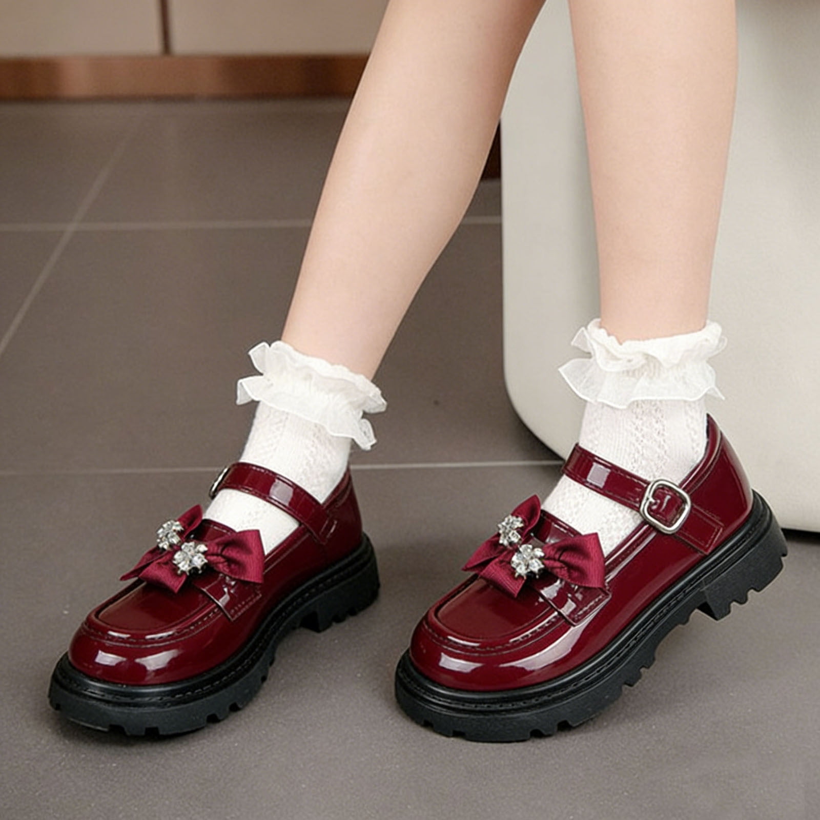 Girls Mary Jane School Shoes in Wine Patent Faux Leather with Chunky ...