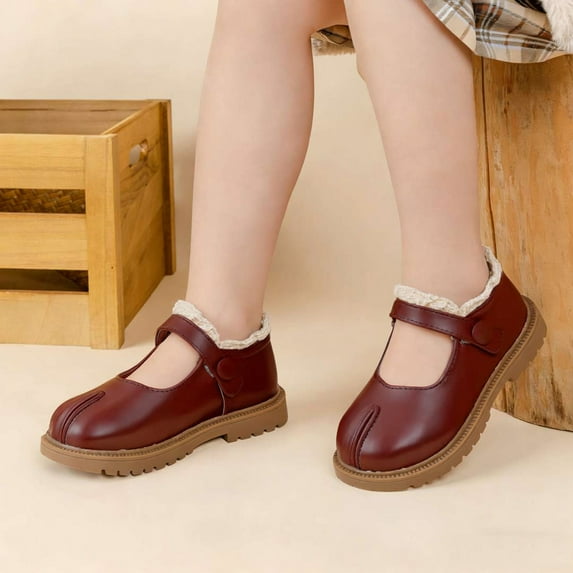 Girls Mary Jane Shoes for School Velcro Strap Wine Red, Chunky Sole ...