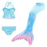 Girls Mermaid Bathing Suit 3 Piece Swimsuit Set with Tail Summer Cute ...
