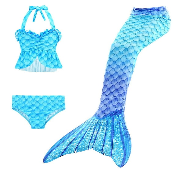 Girls Mermaid Bathing Suit 3 Piece Swimsuit Set with Tail Summer Cute ...