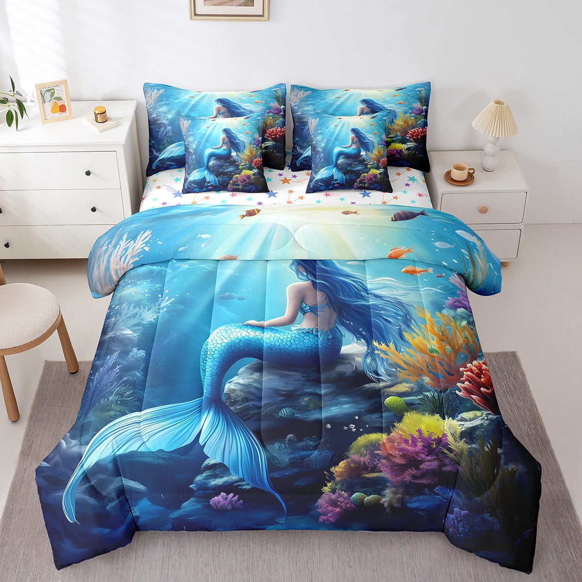 Girls Mermaid Bed in a Bag Queen for Kids Kawaii Mermaid Print Bedding ...