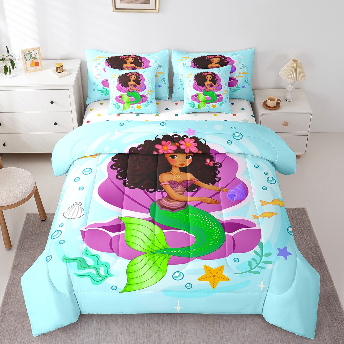 Mermaid Bedding Comforter Sets 7-Piece Cute Black Bed in a Bag, Ocean ...