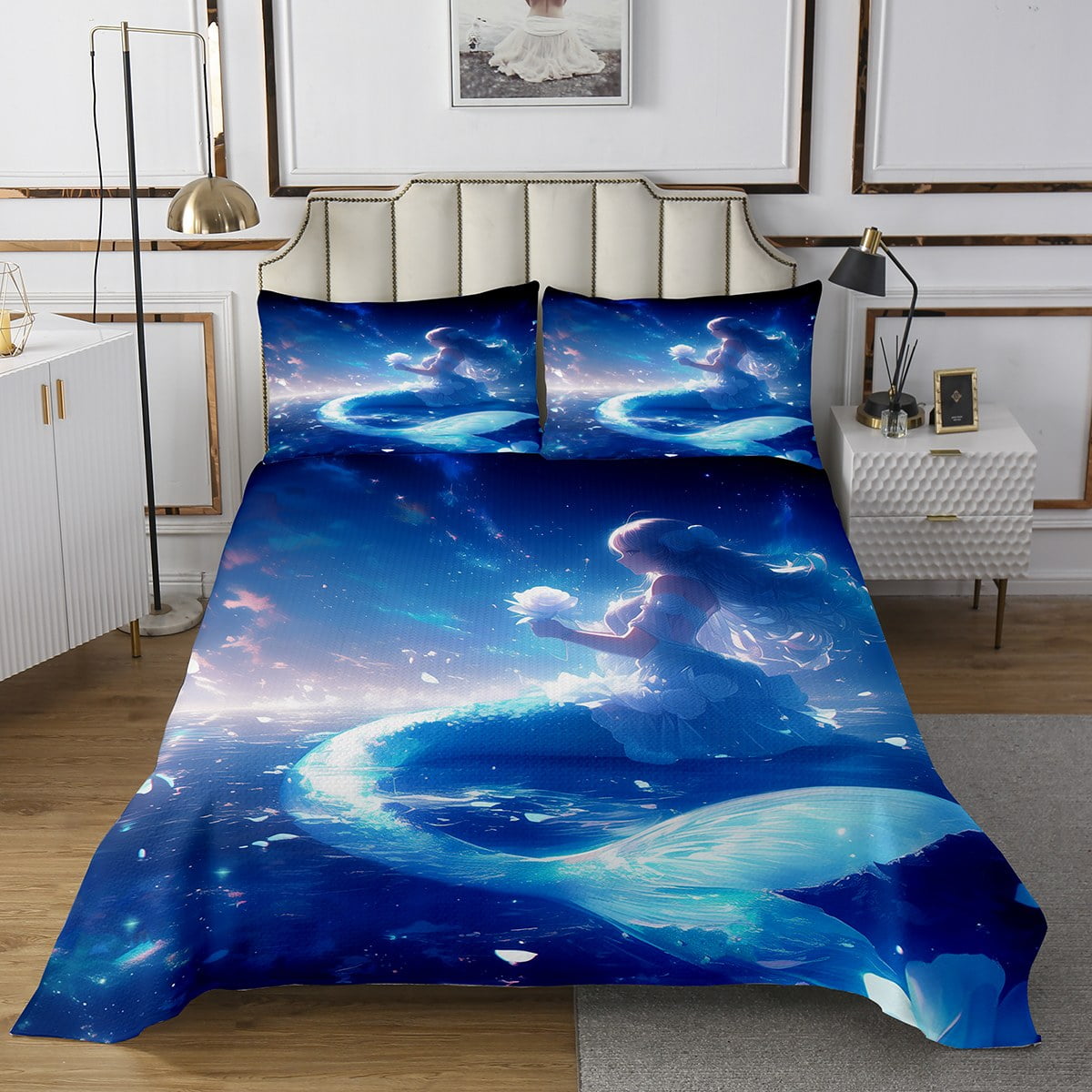 Mermaid Bedspread Queen Size,Blue Fish Tail Bedding Sets 3Pcs,Dreamy ...