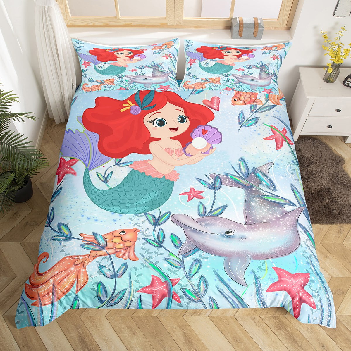 Mermaid Comforter Cover Kawaii Mermaid Duvet Cover, Ocean Animal Fish ...