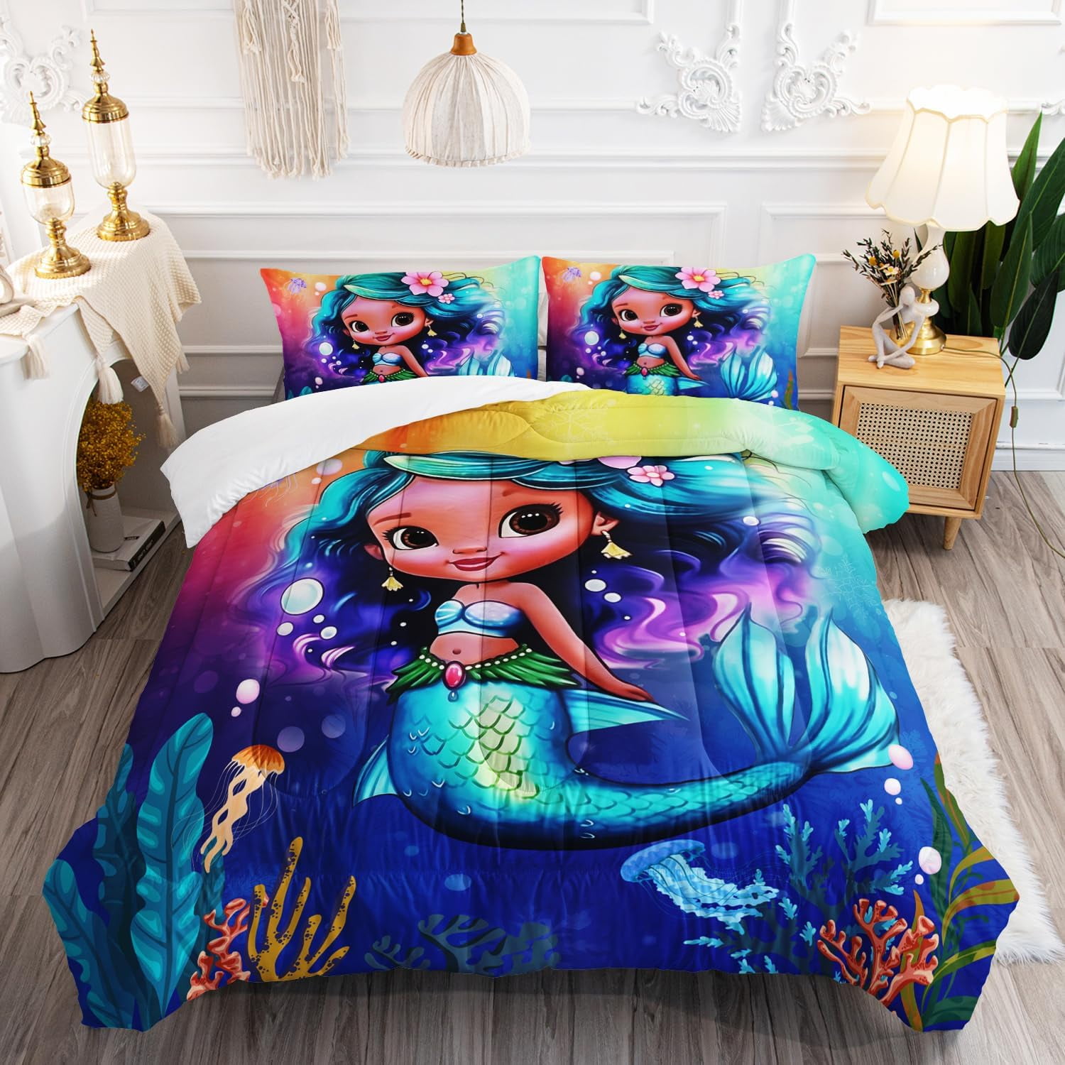 Girls Mermaid Comforter Set Queen Size, Black Girls Mermaid Bedding Set ...