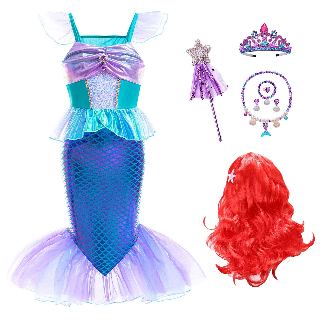 Girls Mermaid Costume Dress w/Accessories Halloween Cosplay Pretend ...