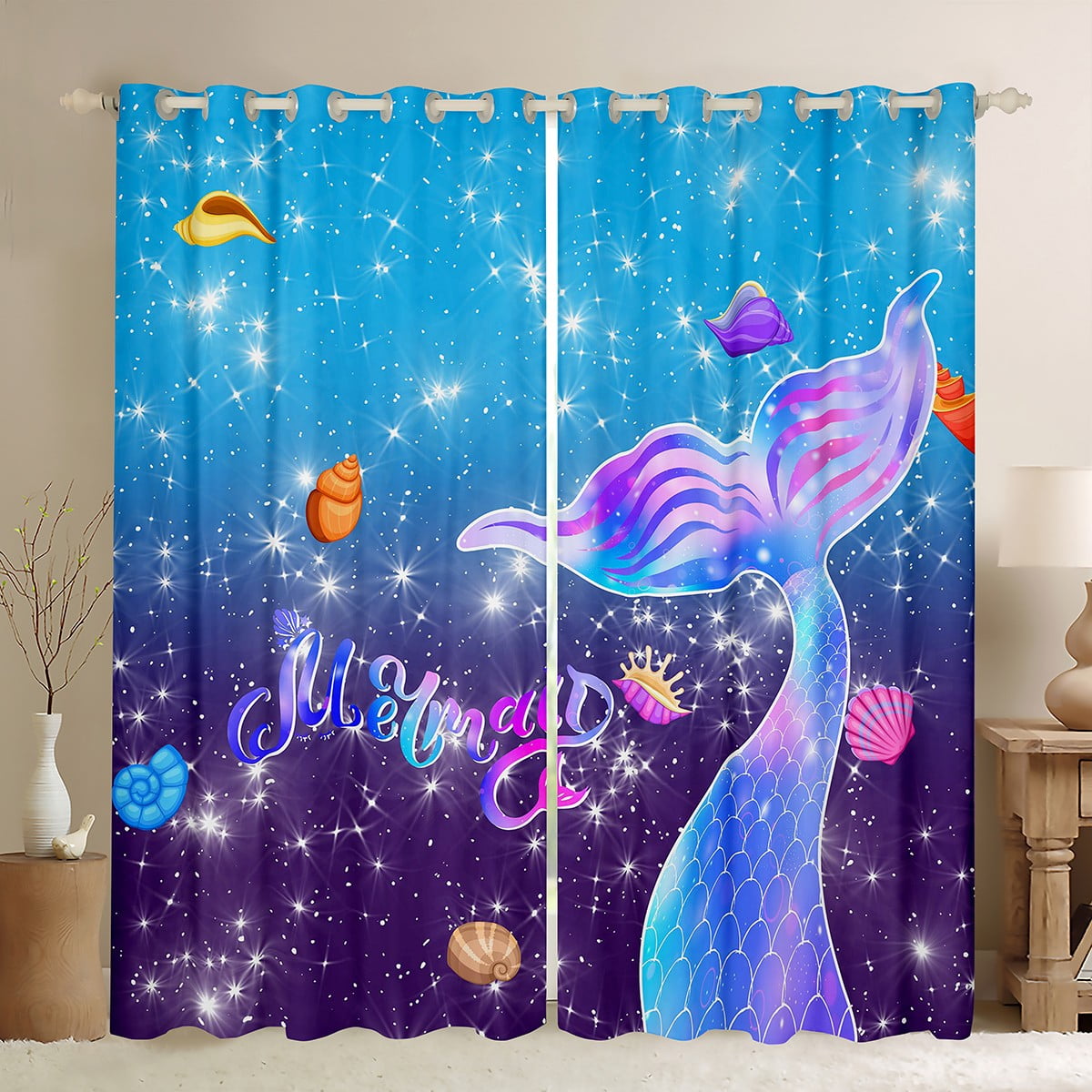 Mermaid Curtains & Drapes Blue Purple Gradient Curtains, Ocean Animal ...