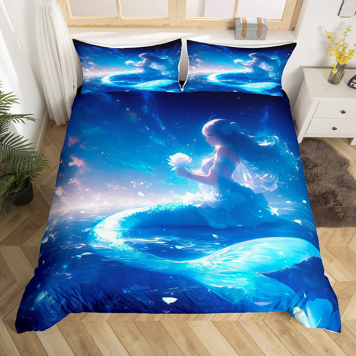 Mermaid Duvet Cover Set King Size,Blue Fish Tail Bedding Set 3Pcs ...