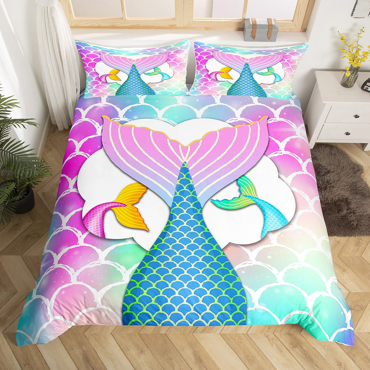 Mermaid Kawaii Bedding Set Cute Colorful Mermaid Scales Tail King ...