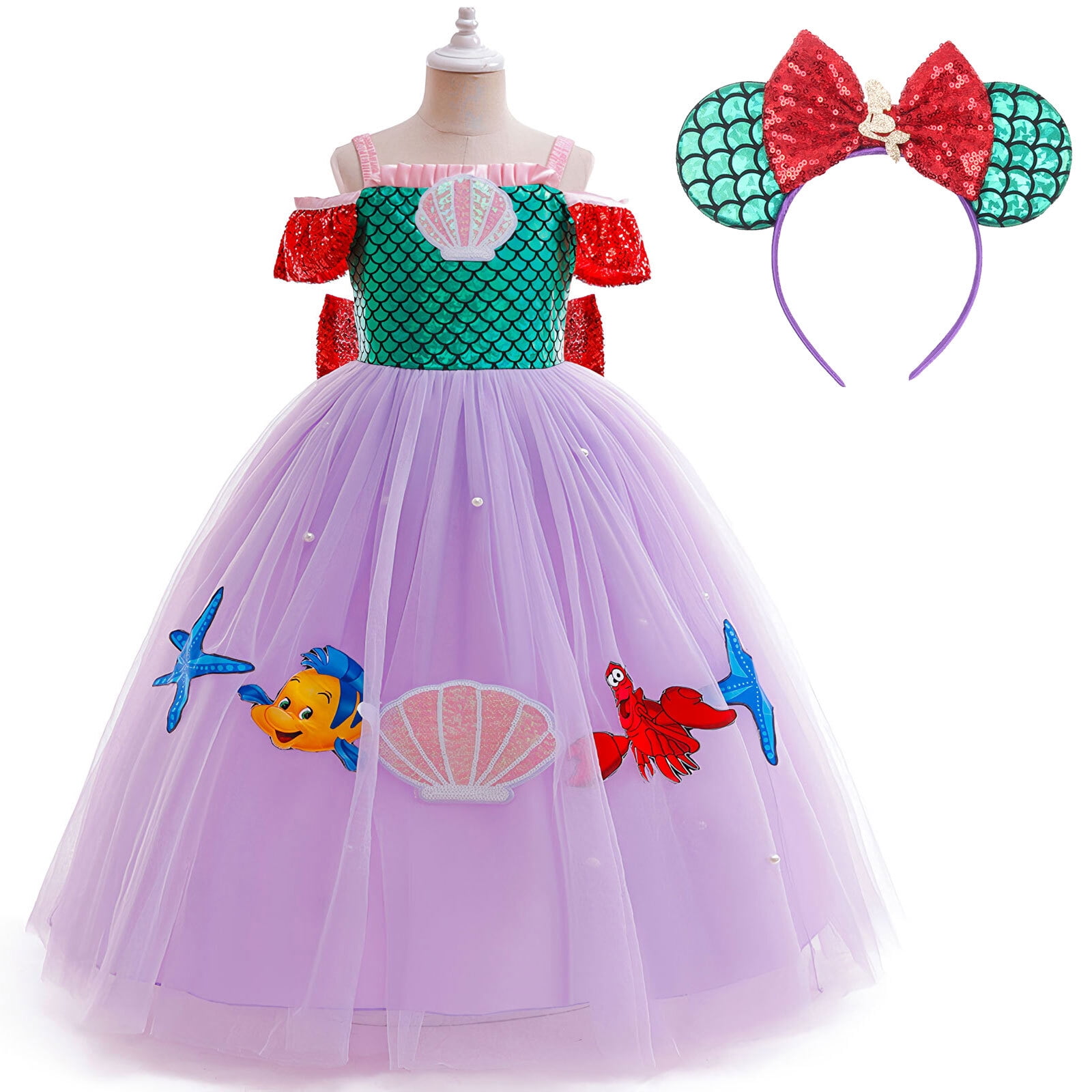 Girls Mermaid Princess Dress w/Headband Costume Halloween Birthday Gown ...